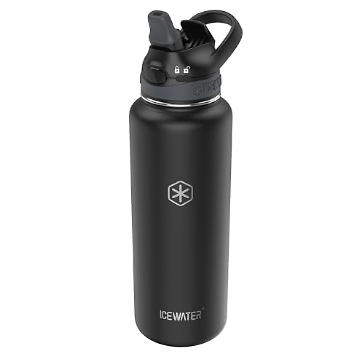 ICEWATER - 40 oz Insulated Water Bottle With Auto Straw Lid and Carry Handle, Leakproof Lockable Lid with Soft Silicone Spout, One-hand Operation, Vacuum Stainless Steel, BPA-Free (40 oz, Black)