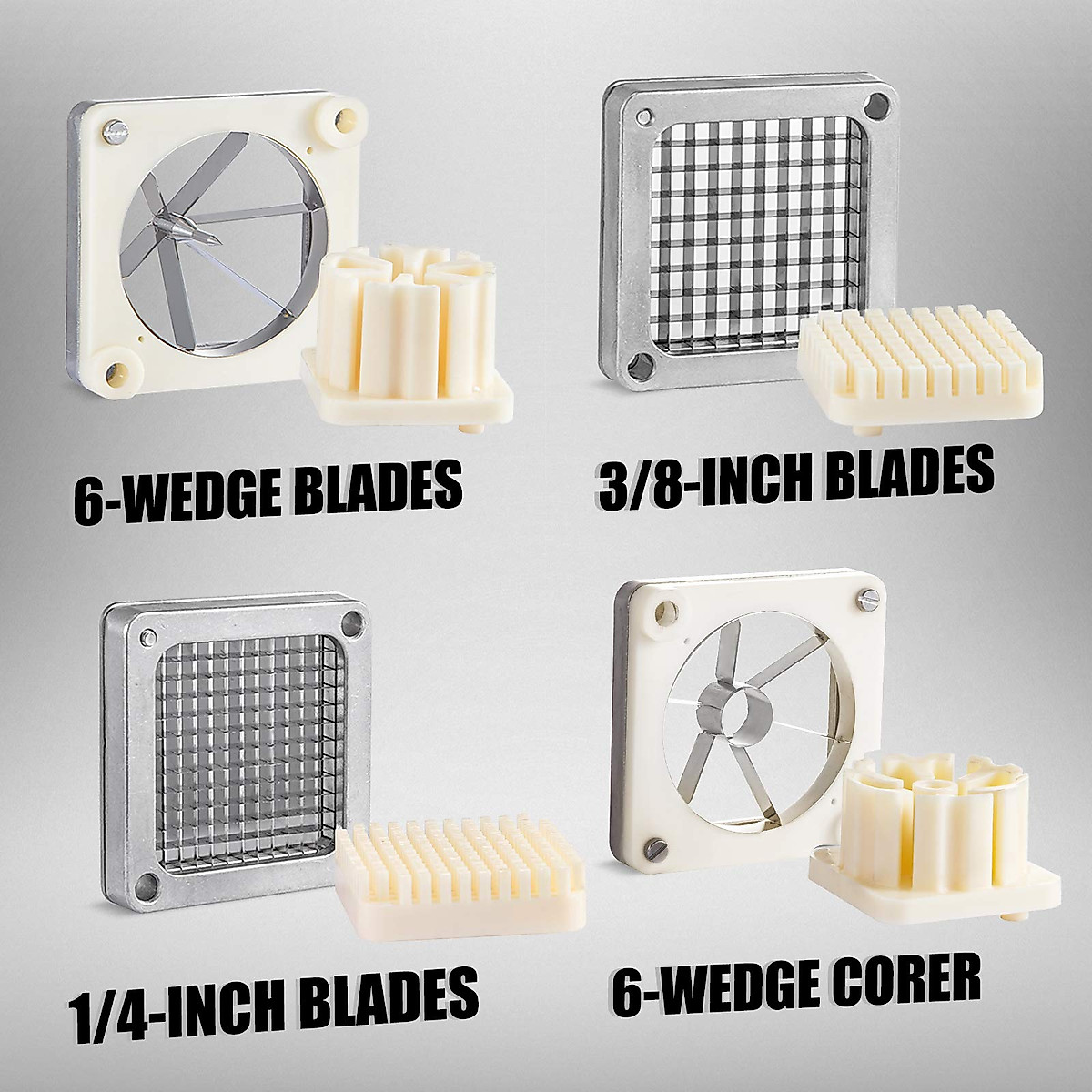VEVOR Commercial French Fry Cutter with 4 Replacement Blades, 1/4" and 3/8" Blade Easy Dicer Chopper, 6-wedge Slicer and 6-wedge Apple Corer, Lemon Potato Cutter for French Fries with Extended Handle