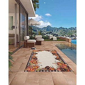 Thanksgiving Fall Outdoor Rug for Patio/Deck/Porch, Non-Slip Area Rug 5x8 Ft, Orange Pumpkin Maple Leaf Black White Plaid Indoor Outdoor Rugs Washable Area Rugs, Reversible Camping Rug Carpet Runner