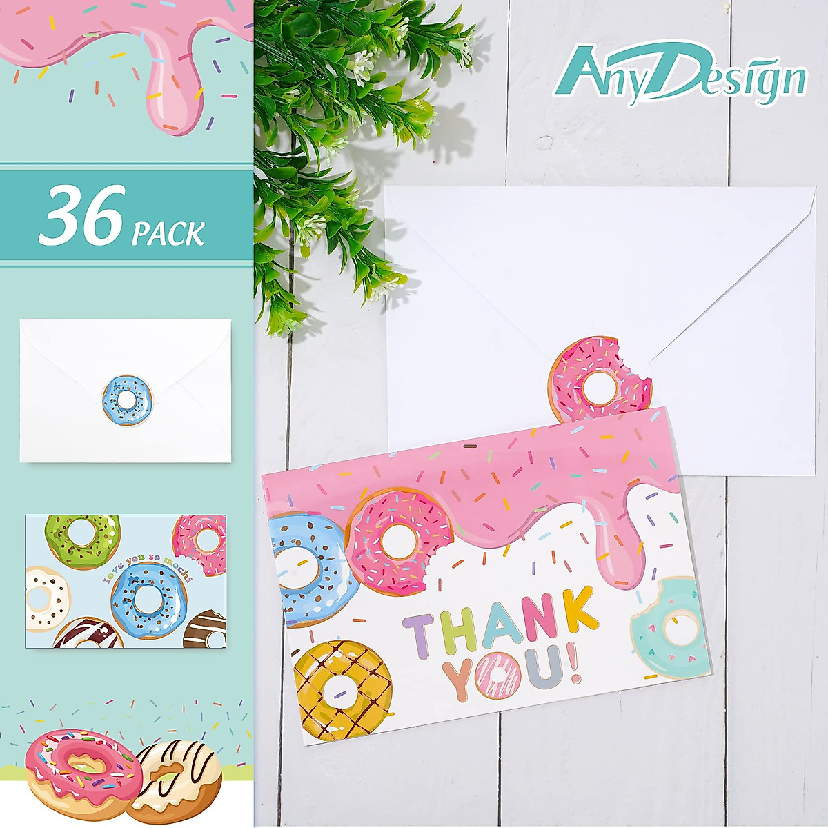 AnyDesign 36 Pack Donut Thank You Cards with Matching Seal Stickers Envelope Assorted Cartoon Doughnut Greeting Blank Note Cards for Baby Shower Wedding Birthday Party Business Stationery