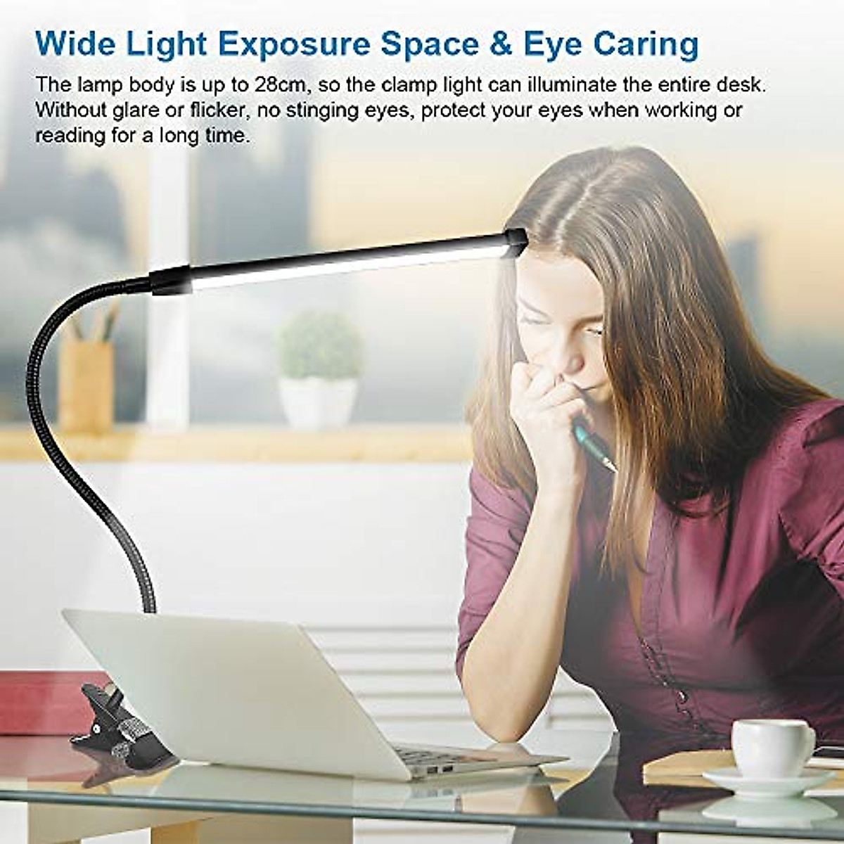 Qooltek Flexible Clip Desk Lamp Reading Light with 3 Color & 10 Brightness, Auto-Off & Memory Function, Clip on Light for Piano, Reading, Working, Relaxing Black