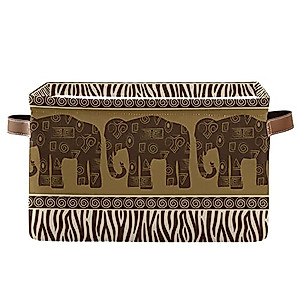 Gougeta Foldable Storage Basket with Handle, African Elephants and Zebra Rectangular Canvas Organizer Bins for Home Office Closet Clothes Toys 1 Pack