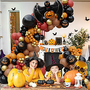 DBKL 160Pcs Halloween Balloon Garland Arch Kit, Black Dusty Orange Yellow Gold Halloween Balloon Arch with Giant Pumpkin Skull Bat Foil Balloons 3D Bat Stickers for Halloween Party Decorations