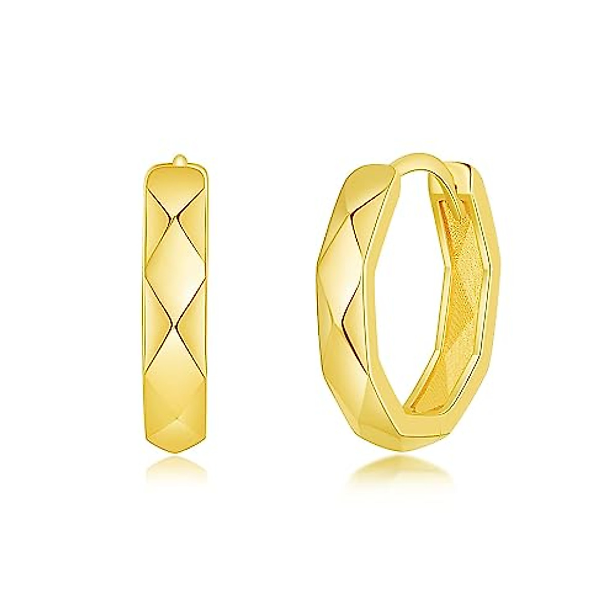Immobird Gold Hoops Earrings 15mm Unique Geometric Cut Face 925 Sterling Silver Hoop Earrings Men or Women