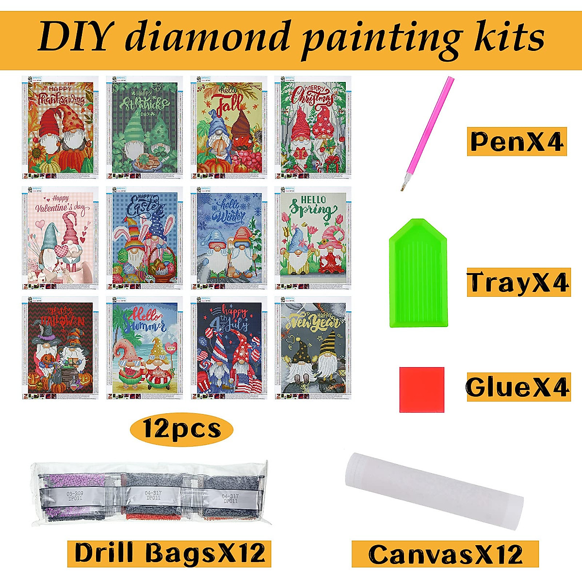 12 Pieces DIY Diamond Art Kits 5D Gnome Diamond Painting Kits for Adults Valentines Day St Patricks Day Paintings for Kid Parents Children Beginners, 12 x 16 Inch