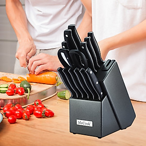 McCook MC39 14 Pieces Full Tang Triple Rivet Kitchen Knife Block Set with Built-in Sharpener and Kitchen Scissor, Black