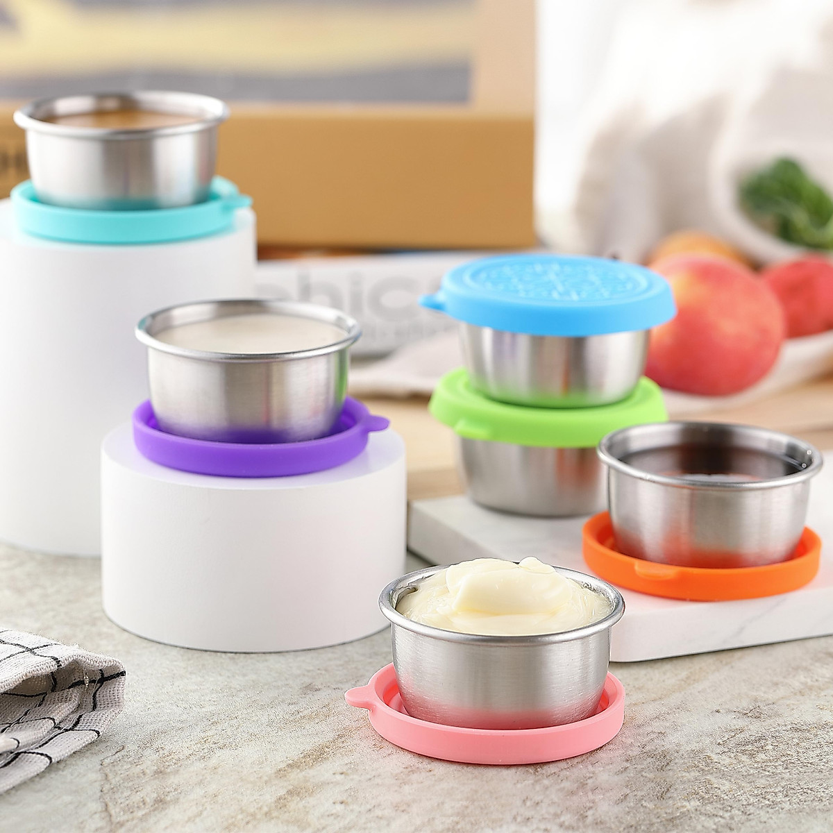 MONGSEW 6PCS Salad Dressing Container To Go, Small Condiment Containers with Leakproof Silicone Lids, Stainless Steel Condiment Containers for Lunch Bento Box, Work, School, Picnics (1.7oz each