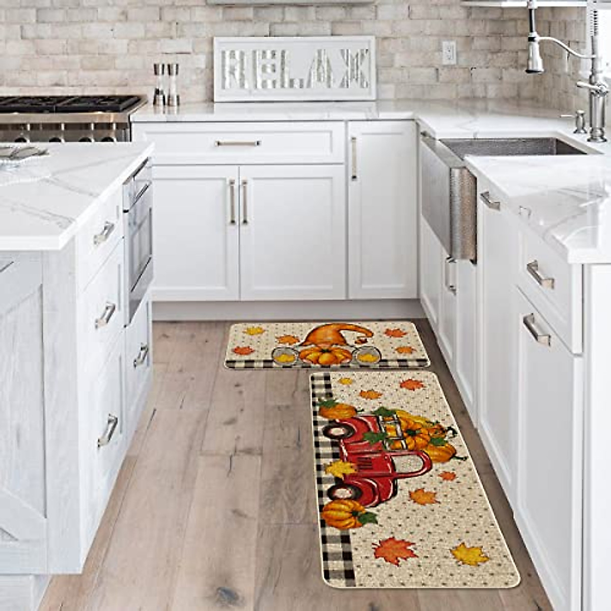 Artoid Mode Polka Dot Gnome Truck Pumpkin Fall Kitchen Mats Set of 2, Maple Leaf Home Decor Low-Profile Kitchen Rugs for Floor - 17x29 and 17x47 Inch