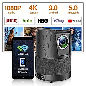 Mini Projector 4K Supported, Native 1080P Outdoor Movie Projector, Portable 2.4/5G WiFi Projector with Bluetooth Speaker for Smart Phone, Indoor Home Android Projector HDMI USB for Laptop TV Stick DVD