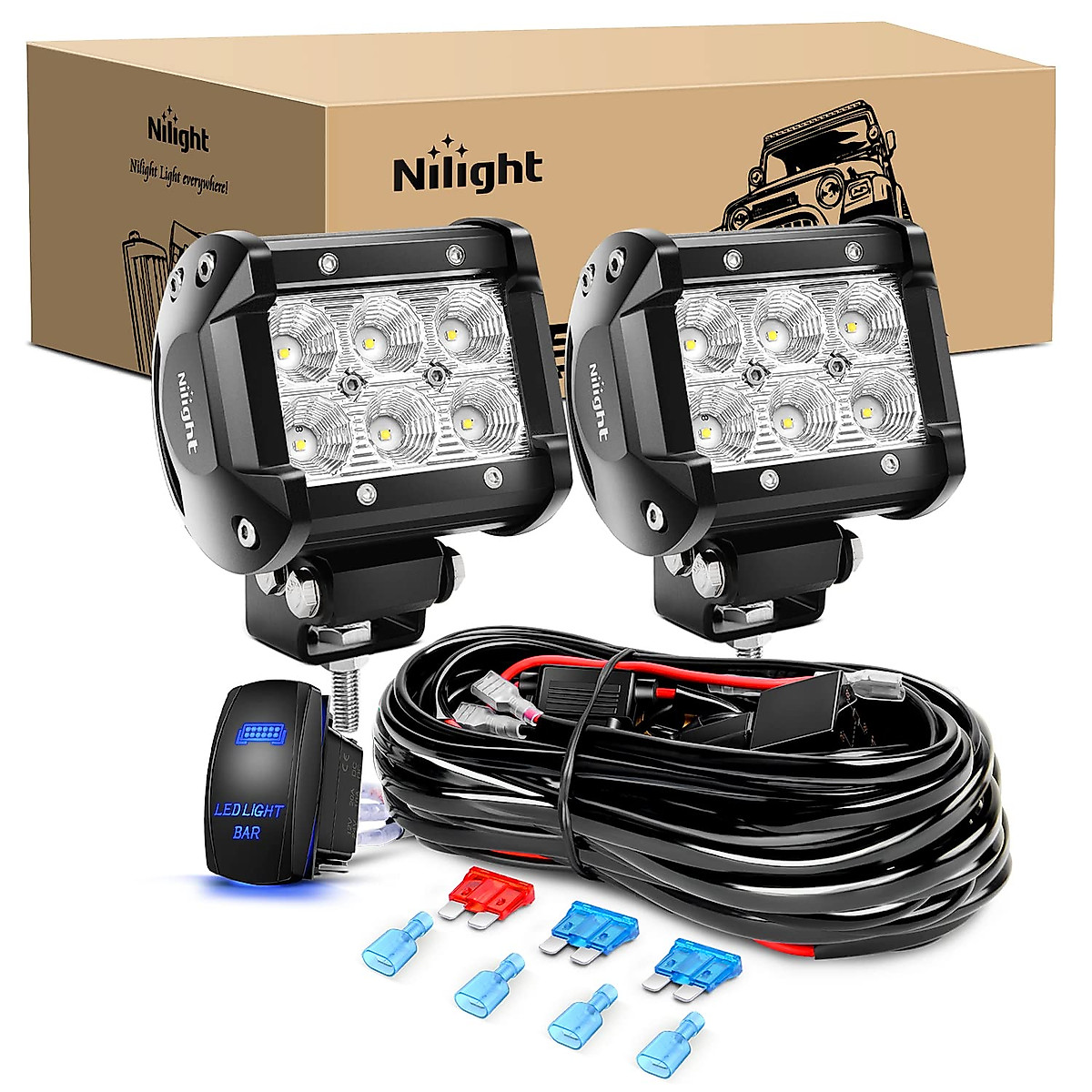 Nilight LED Light Bar 2PCS 18W Flood Off Road Lights 12V 5Pin Rocker Switch Wiring Harness Kit, 2 Years Warranty, Clear,White