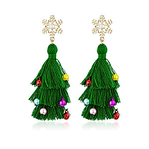 Lightweight Christmas Tree Tassel Beaded Earrings, Bohemian Dangle Drop Green Earrings, Twined with Colored Beads Earring for Women