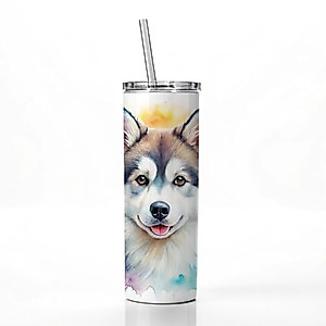 Pomsky Dog Watercolor Style Skinny Tumbler 20oz with Straw Insulated Water Bottle Gift