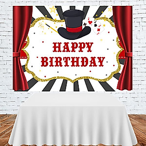 Lofaris 7x5ft Magic Show Happy Birthday Backdrop for Boy Girl Porker Magician Red Curtains Baby Shower Party Decor Supplies Background Magic Trick Black Hat Gold Stars Kids Adults Photo Studio Props
