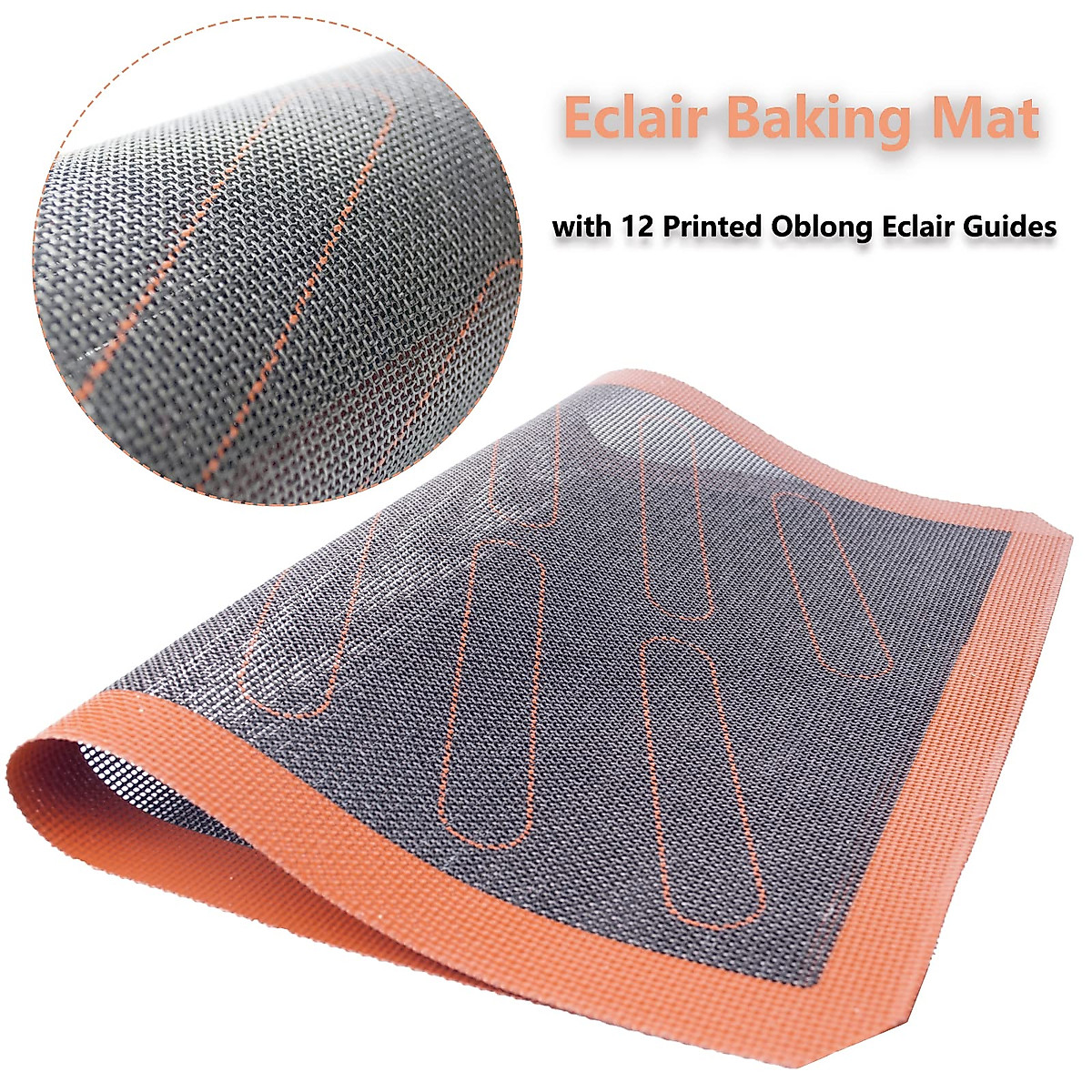 Perforated Silicone Baking Mats, 2 PCS Eclair Silicone Mat for Half Sheet with 12 Printed Oblong Eclair Guides, Non-Stick Reusable Oven Liners for Making Bread/Pizza/Pastry/Cookie 11-4/5" x 15-3/4"