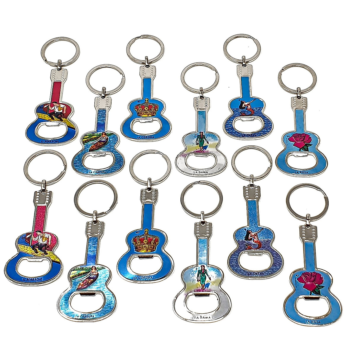 Arimex Mexican Loteria Guitar Keychain bottle opener party favor 12 pcs Assorted fun Mexican party favor For Cinco de mayo, Fiestas, Birthday Parties Bodas Quinceaneras Recuerdo Mexican novelty gifts