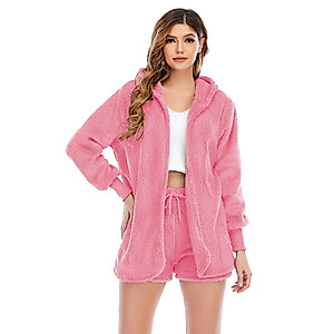 Famnbro Womens Sexy 3 Piece Outfits Fuzzy Warm Fleece Cardigan Fluffy Crop Top Short Sets Pajamas A-pink
