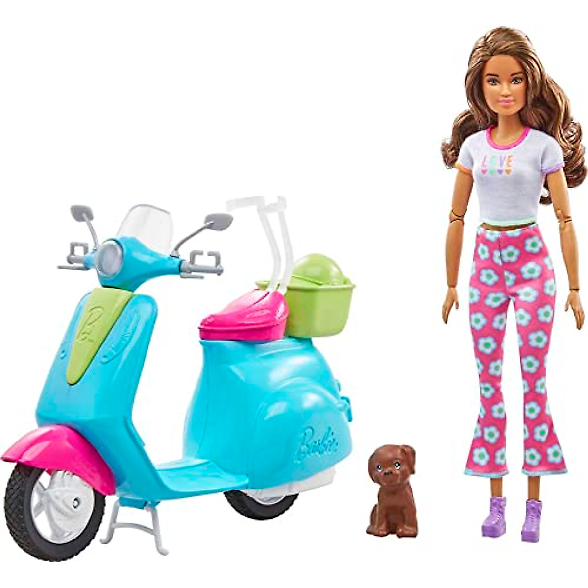 Barbie Fashionistas Doll and Scooter, Travel Playset with Stickers, Pet Puppy and Themed Accessories like Map and Camera (Amazon Exclusive)