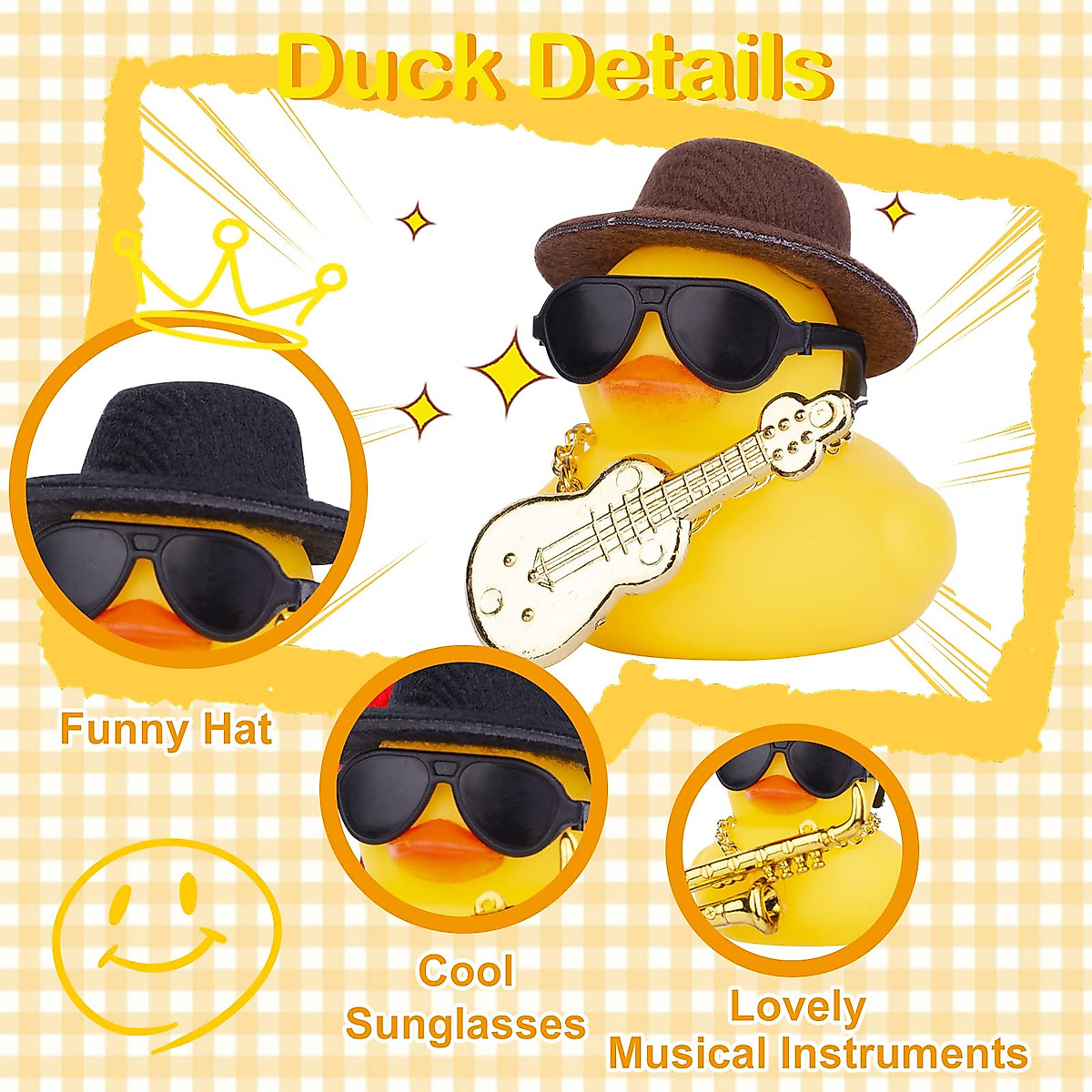 MuMyer Car Rubber Duck, Yellow Duck Car Dashboard Decorations with Mini Top Hat Musical Instrument Sunglasses Necklace(Black)