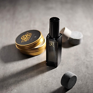 Whiskey Chilling Stones & Beard Care Grooming Kit Gift Set - 6 Handcrafted Granite Round Rocks -  Sandalwood Scent Oil & Balm - Whiskey Gift for Men in Elegant Gold Foil Box