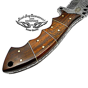 Best.Buy.Damascus1 Rose Wood 9.5'' Fixed Blade Custom Handmade Damascus Steel Tracker Hunting Knife Brass Pins Spacers Unique Beautiful File Work On Handel Come With Leather Sheath Prime Quality