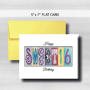 Sweet 16 Birthday Card, Milestone, 5" x 7" FLAT CARD, Pastel, Greeting Cards, Lavender, yellow, pink, blue