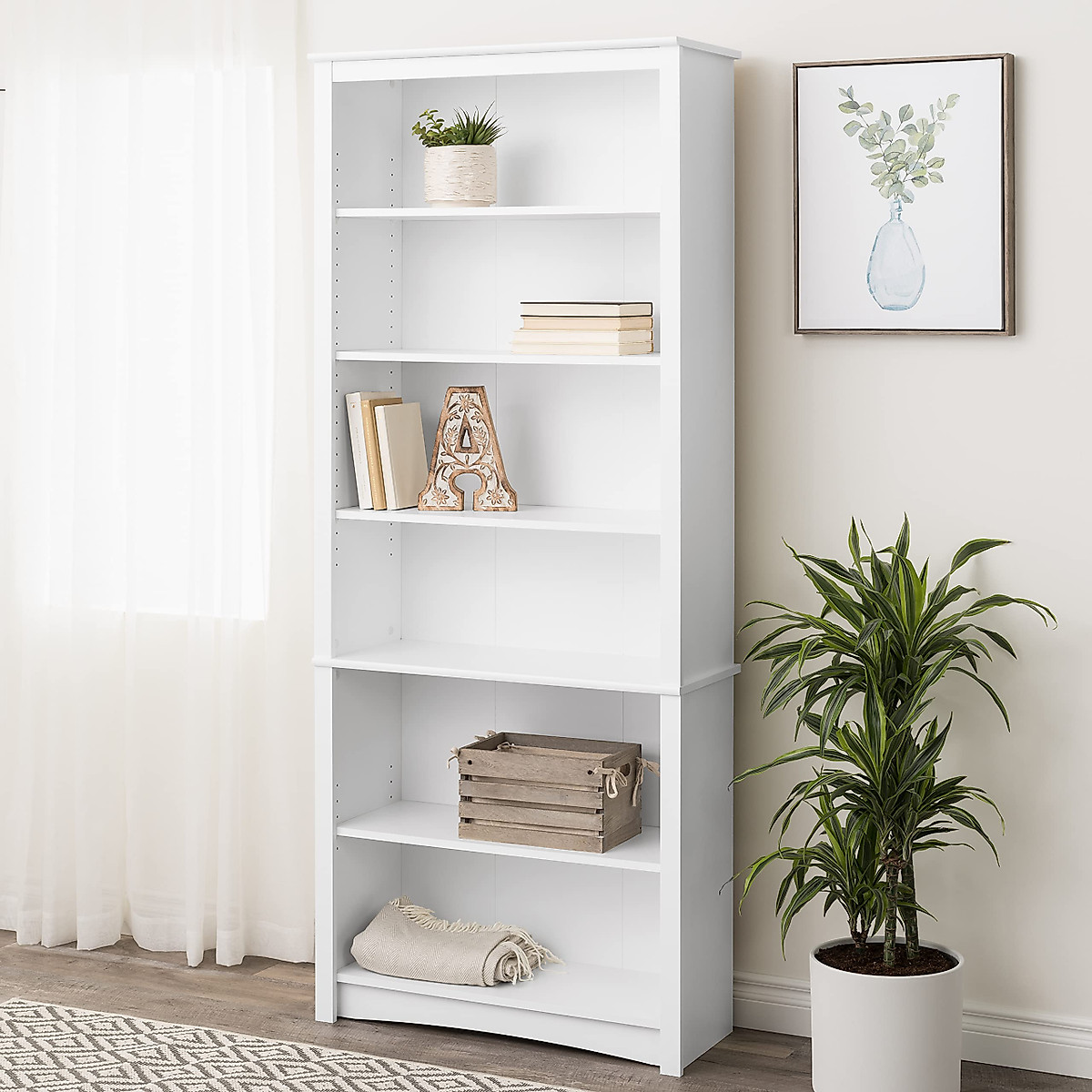 Prepac Sonoma Tall 6-Tier Bookcase 77"H with 3 Adjustable Shelves, White Storage Cabinet, Modern Display Cabinet, Bookshelf with Storage Shelves for Home Office, Living Room, Bedroom Organizer