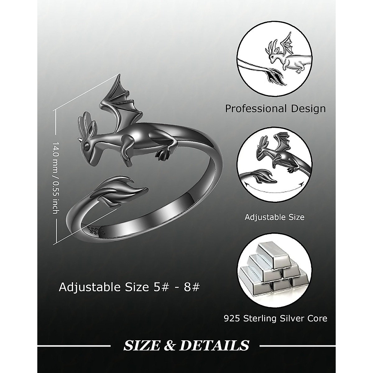 Bolelis 925 Sterling Silver Dragon Rings for Women - Cute Open Adjustable Dinosaur Ring Jewelry,Wrap Thumb Dragon Ring Christmas Gift for Women