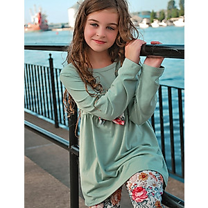 Yekaty Kids Clothes Set Girls Floral Crewneck Outfits 2 Pcs Long Sleeve Green Tops Floral Loose High Waist Pants Sets