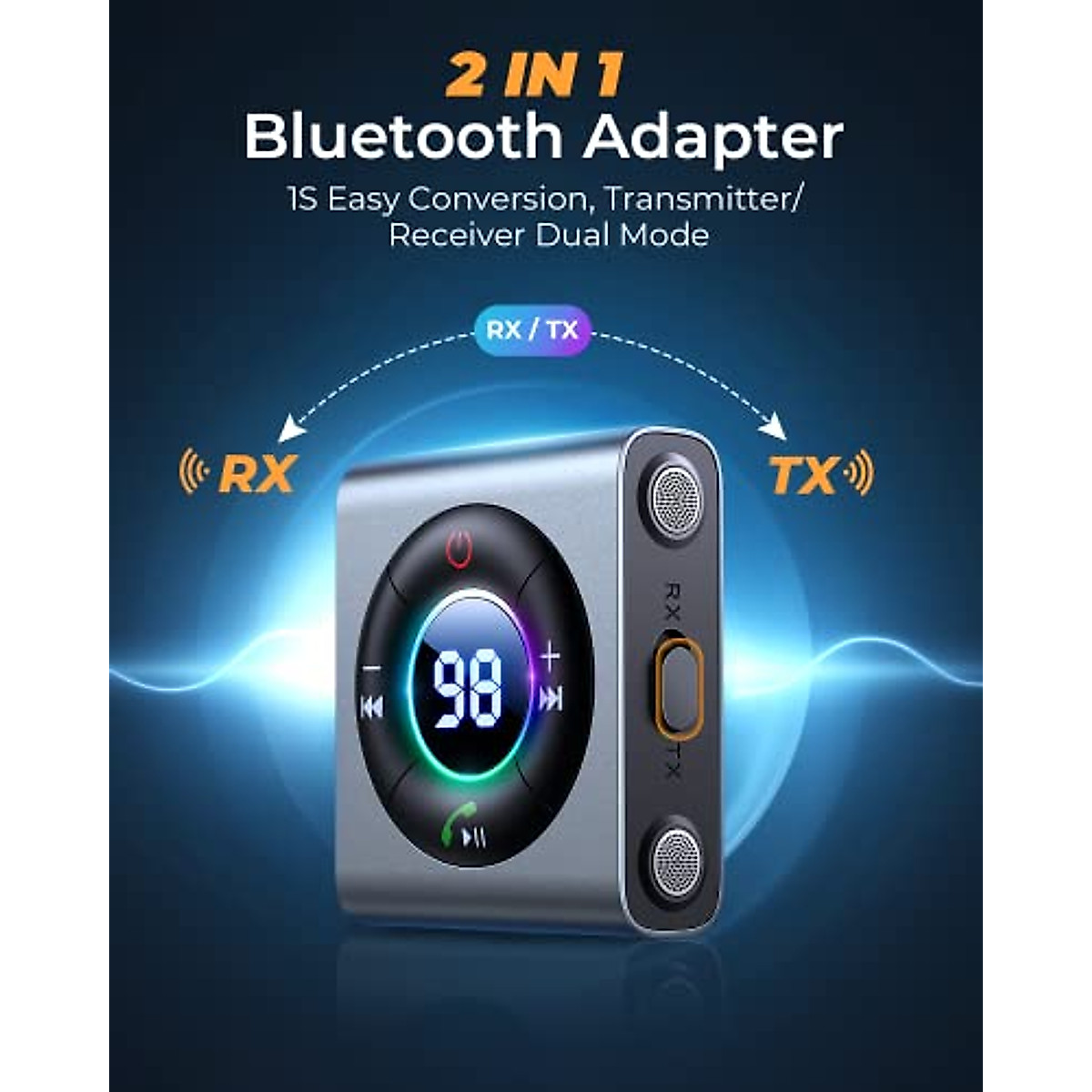 JOYROOM Bluetooth 5.3 Transmitter and Receiver 2 in 1 [LED Screen & Enhanced Dual Mics] Wireless Audio Adapter for Car/TV/Home Stereo/Headphone/Speaker/Airplane/Boat/Gym, AUX Bluetooth Adapter