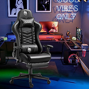 Czlolo Gaming Chair with Footrest and Massage, PU Leather Video Game Chair Racing Style Gaming Computer Chair, High Back Adjustable Recliner Gamer Chair for Adults, Black