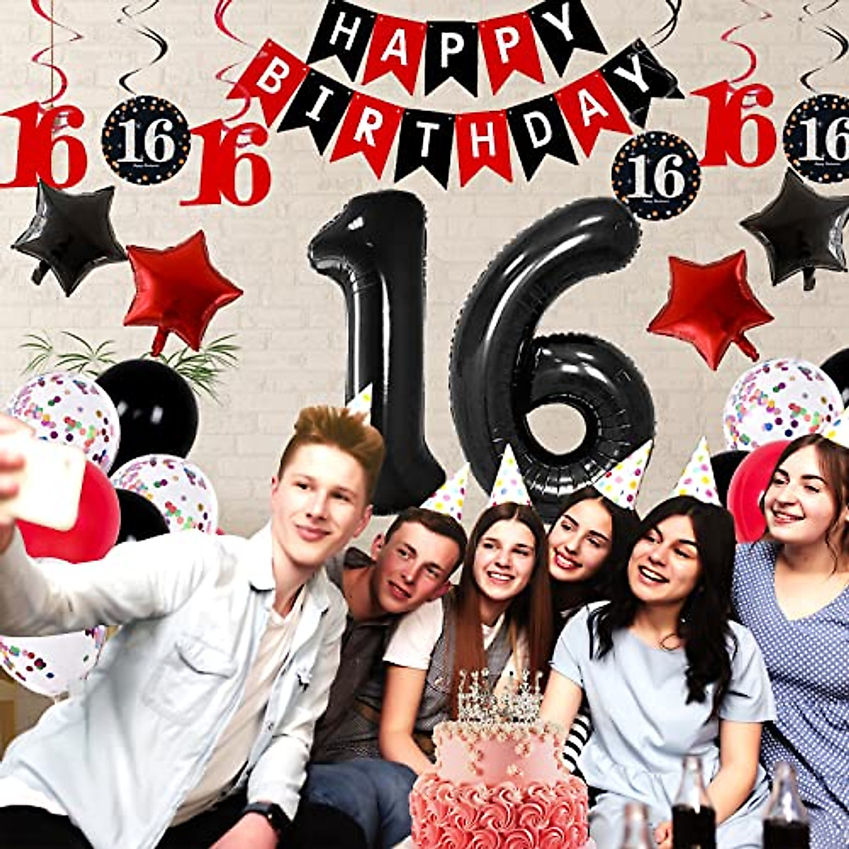 16th Birthday Decorations for Boys, Red Black Happy 16th Birthday Party Balloons Supplies for Girls Teenager 16 Years Old Bday Decor HAPPY BIRTHDAY Banner Number 16 Balloons Spiral Pendants