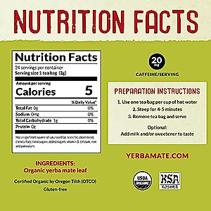 ECOTEAS Organic Unsmoked Yerba Mate Tea Bags - 24 Count, 1.7 Oz - Organic Detox Tea - Hi Caf Tea - Clean Yerba Mate Energy Burst - Ecoteas Yerba Mate