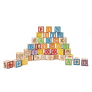 maxim enterprise, inc. Jumbo Wooden ABC Blocks for Toddler Learning, Baby Shower Decoration, Engraved Alphabet and Number Blocks to Stimulate Learning, Creativity, Early Development, 40Pcs