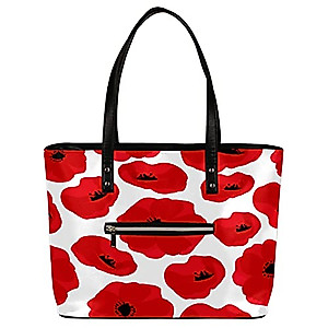 Poppy Women's Soft Faux Leather Tote Shoulder Bag Red poppies Big Capacity Handbag for Work School Travel Dating