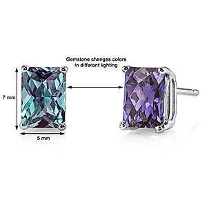 Peora 14K White Gold Created Alexandrite Earrings for Women, Color-Changing Solitaire Studs, 2.50 Carats Radiant Cut, Friction Back