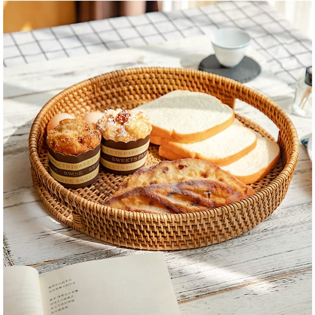 Rattan Round Serving Tray, Hand Woven Serving Basket with Cut - Out Handles, Wicker Fruit/Bread Serving Basket, 11.8 inch