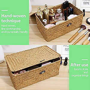Hand Woven Rattan,Home Storage Basket Box with Lid & Removable Fabric Lined Interior, Seagrass Basketfor Shelf Organizer