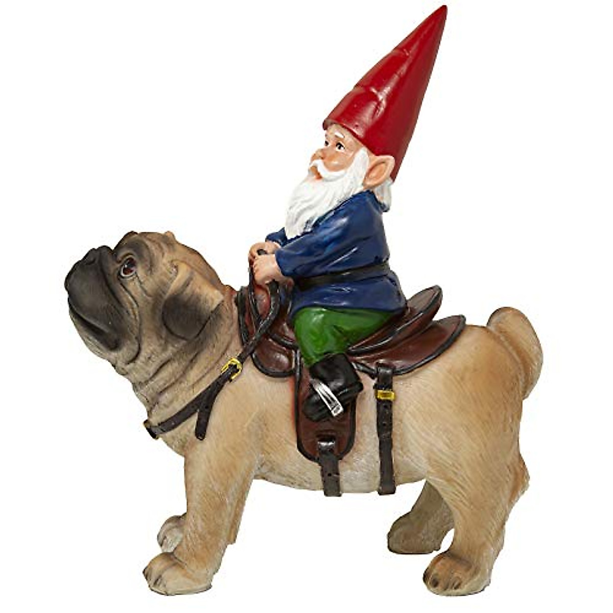 Funny Guy Mugs Garden Gnome Statue - Gnome Riding a Pug - Indoor/Outdoor Garden Gnome Sculpture for Patio, Yard or Lawn
