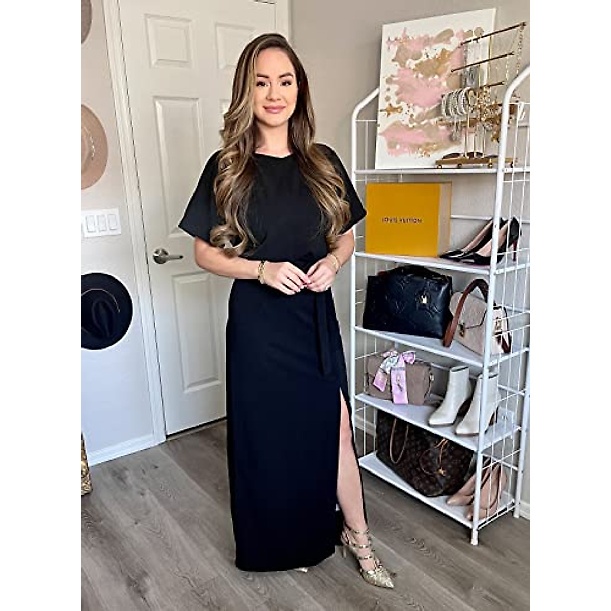 Happy Sailed Womens Batwing Sleeve Tie Waist Long Maxi Dress Side Split Formal Party Dresses Evening Gown Black X-Large