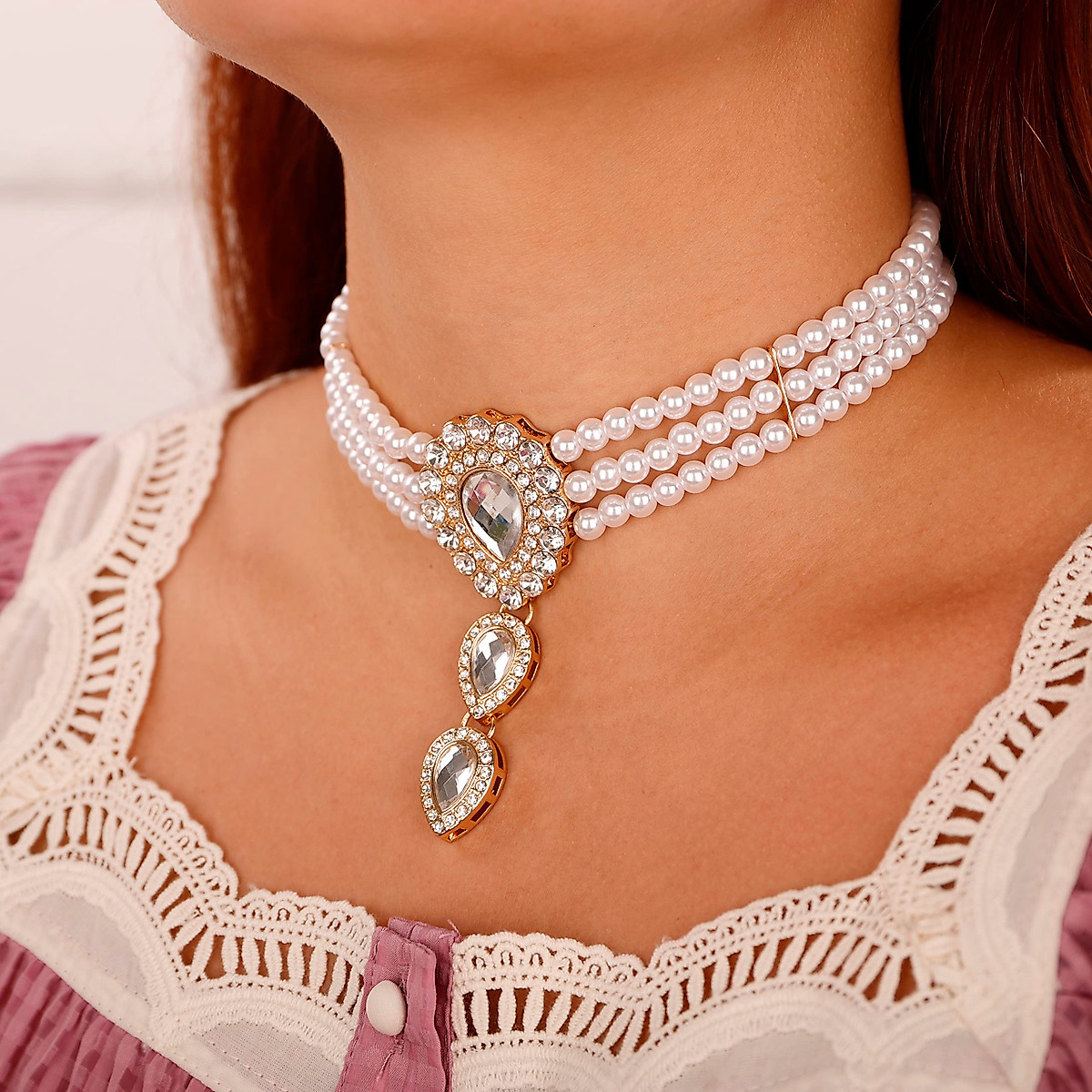 Denifery Boho 3 Tier Dainty Rhinestones Pearls Chunky Short 1920s Choker Necklace Chain Multilayer Choker Pendant Necklaces Prom Party for Women