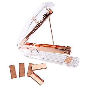 Unime Rose Gold Stapler Acrylic Desktop Stapler with 1000 PCS Rose Gold Staples and 10 Pieces Blinder Clips for Office School Home Accessory
