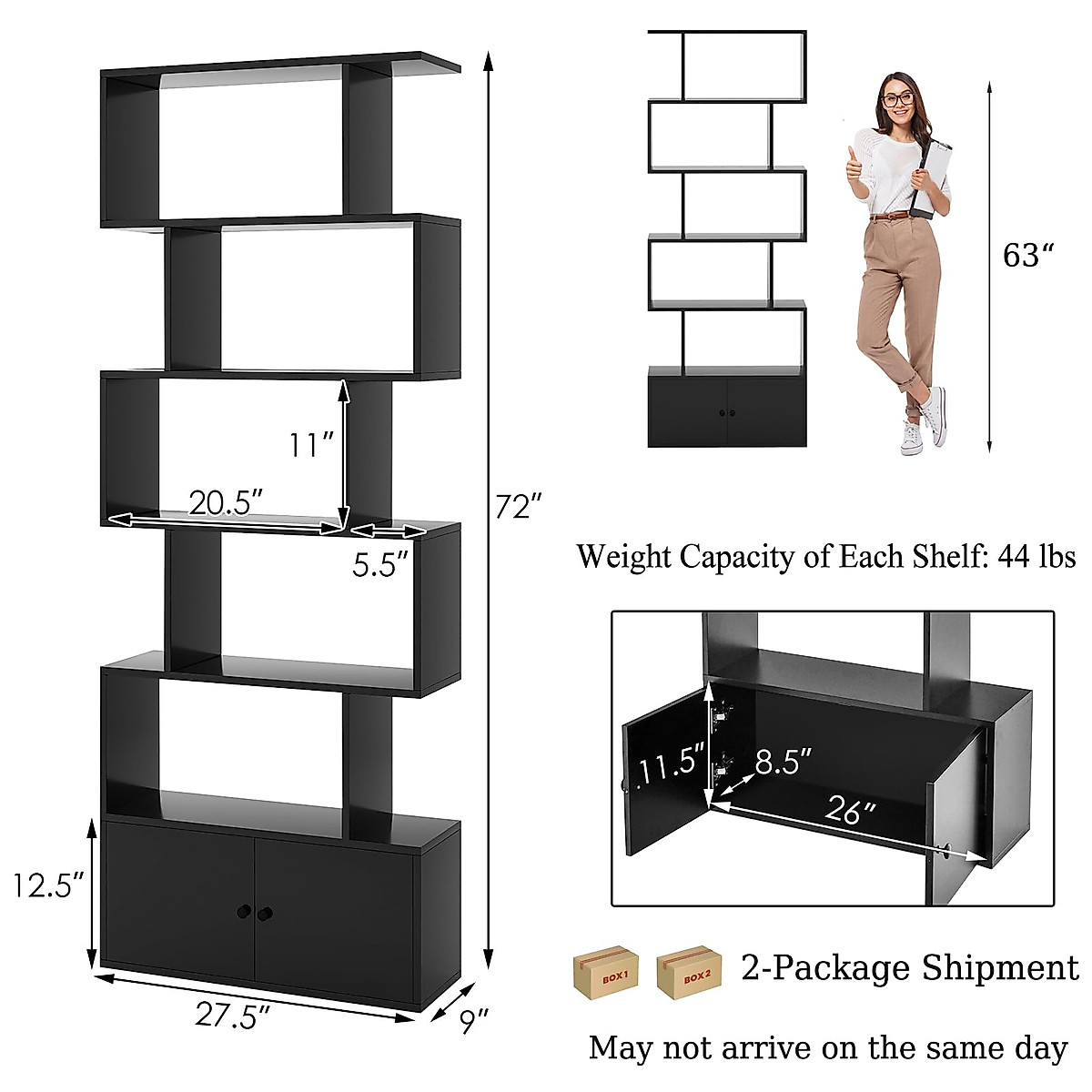 SILKYDRY 6-Tier Geometric Bookcase with Cabinet, 72 Inch Freestanding Room Divider Bookshelf, S-Shaped Open Display Book Shelf for Bedroom, Modern Bookcases with Doors and Shelves (2, Black)
