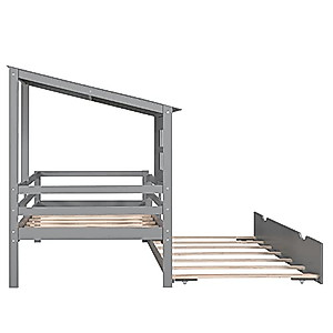DHHU House Bed with Trundle, Window and Roof, Twin Size Low Loft Bed with Trundle, Wooden Bed Frame for Boy Girl Kids Toddler, Grey