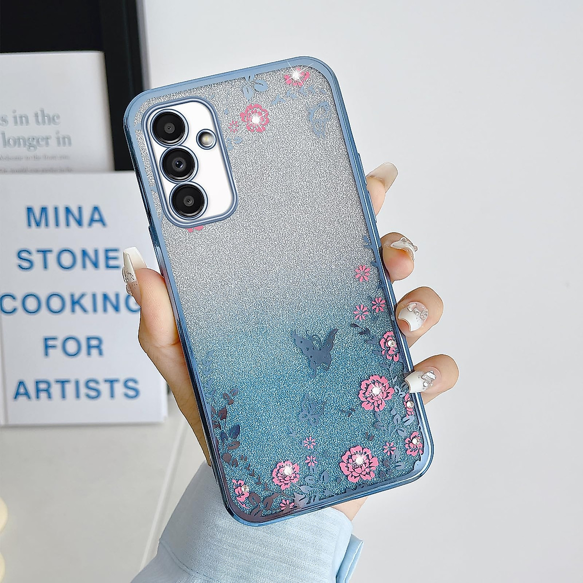 for Samsung Galaxy A13 5G Case, A13 Phone Case for Women Gradual Change Glitter Crystal TPU Stylish Butterfly Floral Heart Clear Protective Cover with Strap for Samsung Galaxy A13 5G (Sierra Blue)