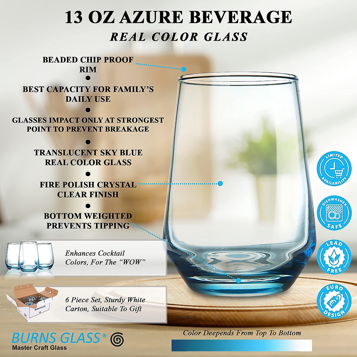 Burns Blue Drinking Glasses, 6 pcs Stemless Wine Glasses Italian-Style, Clear Colored Glass Cup Set, 13 Oz.