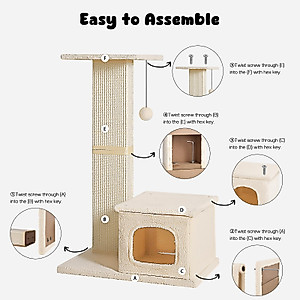 Small Cat Tree, 31 Inches Tall Cat Scratching Post with Perch & Condo, Natural Woven Sisal Cat Post Sctacher, Kitten Scratching Posts for Indoor Cats, Cat Scratch Tower with Fluffy Ball, Beige