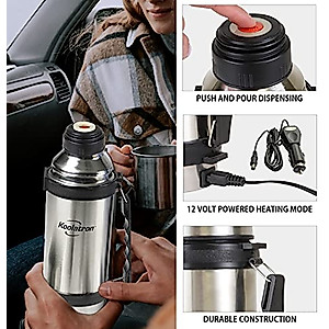 Koolatron 12V Insulated Vacuum Flask with Heater, 1L Silver and Black Stainless Steel, Push Button Dispenser, for Car, SUV, Truck, RV, Boat