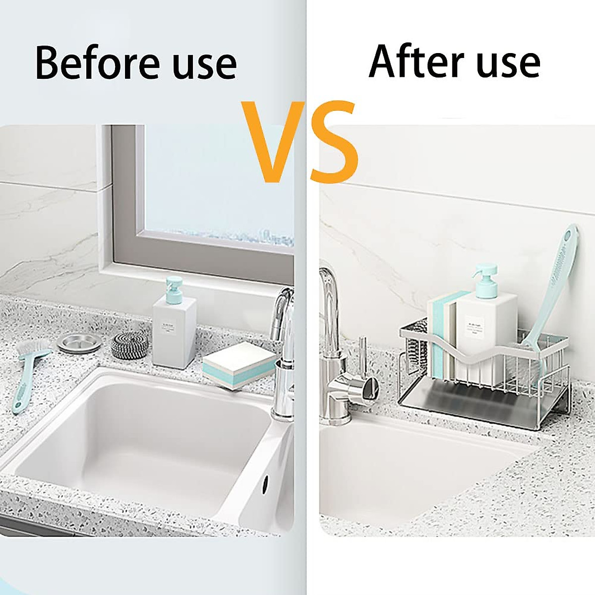 Kitchen Sink Caddy Sponge Holder for Kitchen Sink, Quick Draining, SUS 304 Stainless Steel Sponge Organizer, Basket for Cleaning and Scrub Tool, Kitchen Sink Brush Caddy Holder