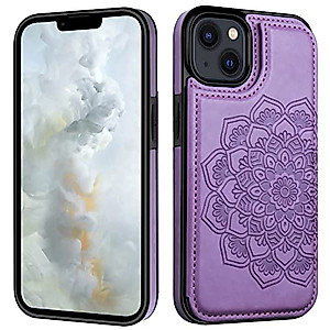 MMHUO for iPhone 14 Plus Case with Card Holder, Flower Magnetic Back Flip Case for iPhone 14 Plus Wallet Case for Women, Protective Case Phone Case for iPhone 14 Plus,Purple