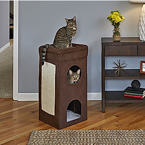 MidWest Homes for Pets Cat Condo | Tri-Level Design in Brown Faux Suede & Synthetic Sheepskin | 14.6L x 14.72W x 30.39H Inches